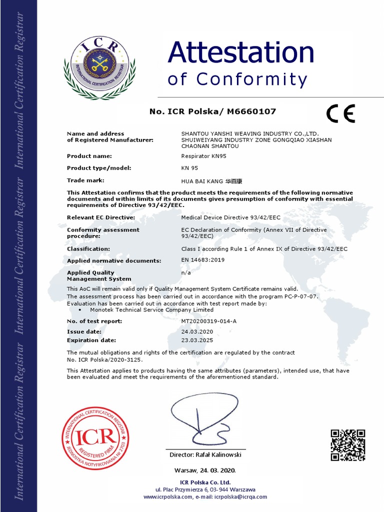 Attestation of Conformity for KN95 Respirator | PDF