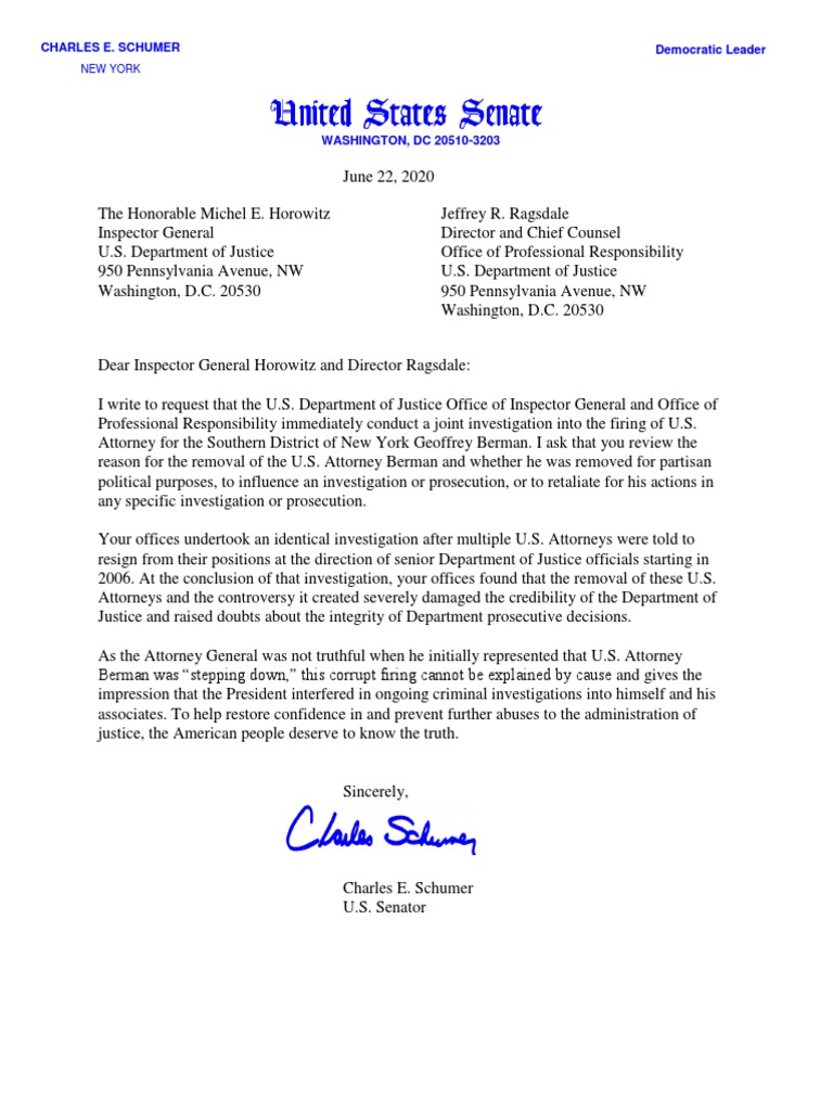 Schumer Letter OIG OPR | PDF | Chuck Schumer | Prosecutor