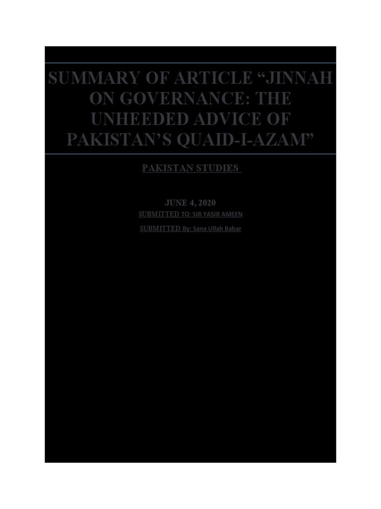Summary of Jinnah's Unheed Sana | PDF | Politics | Social Science