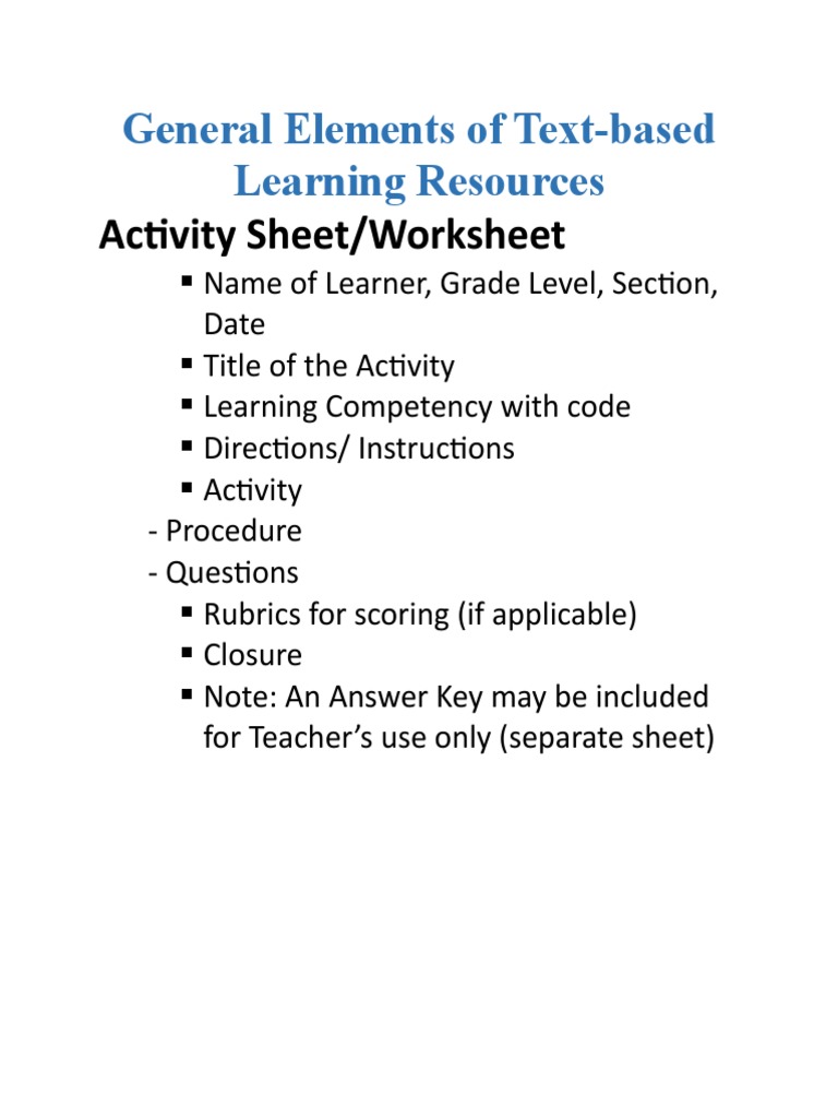 General Elements of Text-Based Learning Resources: Activity Sheet ...