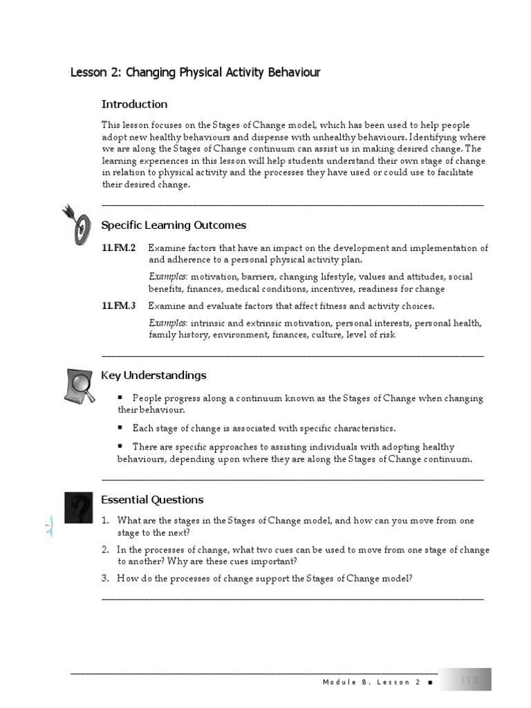 Lesson 2: Changing Physical Activity Behaviour | PDF | Behavior | Motivation