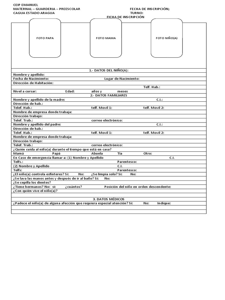 FICHA DE INSCRIPCIÓN MATERNAL GUARDERIA PREESCOLAR (1)-2 | PDF | Salud ...