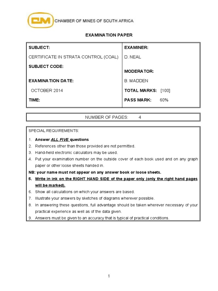 Strata Control Exam OCT-2014 Model Answers | PDF | Strength Of ...
