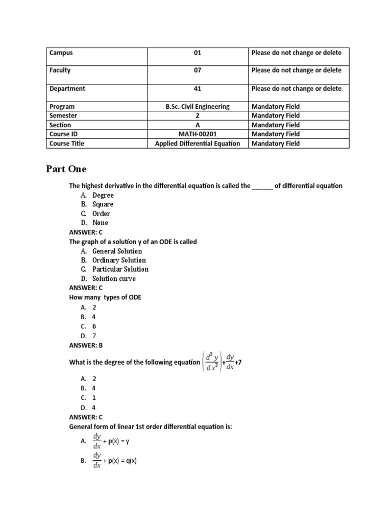 MCQs Paper Part A | Download Free PDF | Ordinary Differential Equation | Equations
