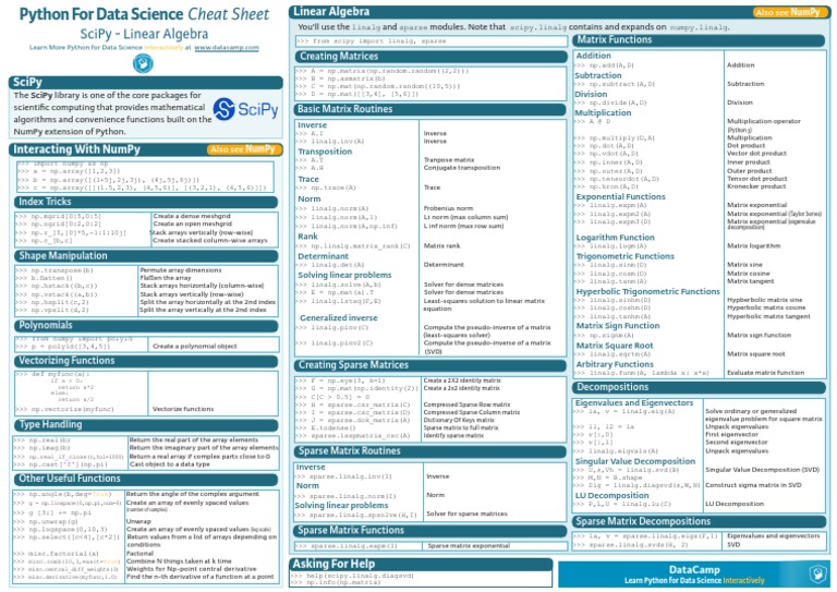Python SciPy Cheat Sheet Linear Algebra PDF | PDF | Matrix (Mathematics ...