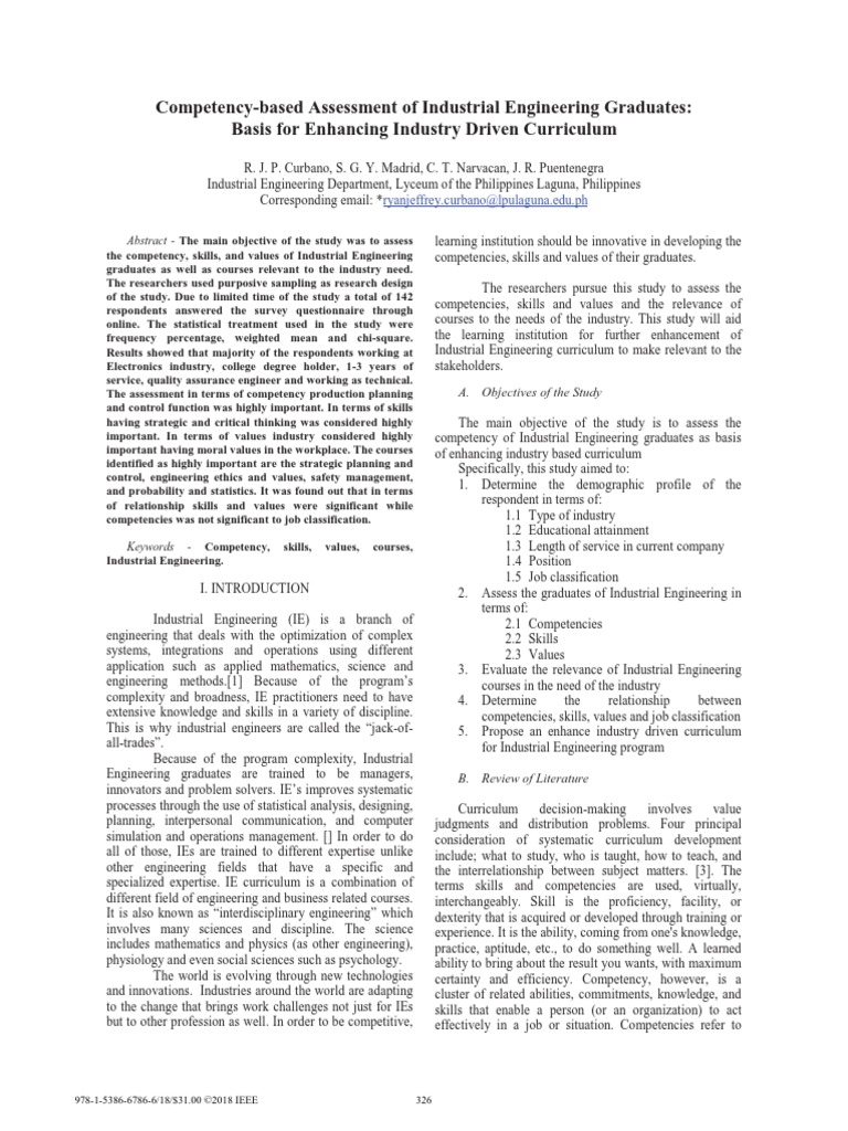Competency-Based Assessment of Industrial Engineering Graduates: Basis ...