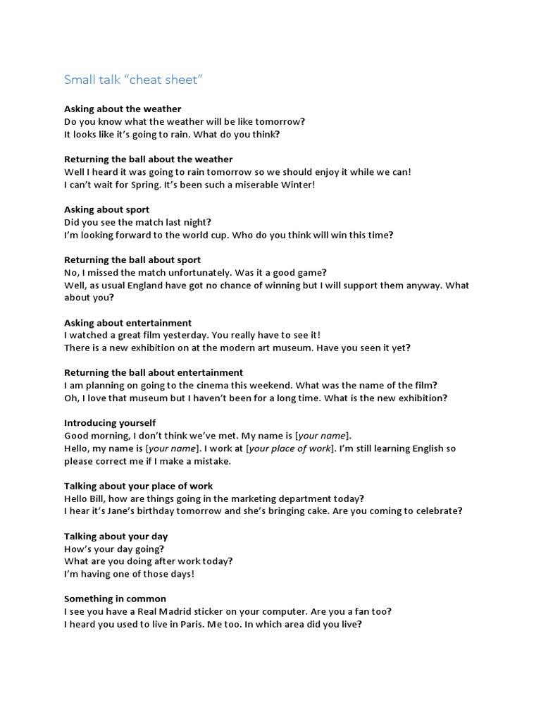 Small Talk "Cheat Sheet" | PDF