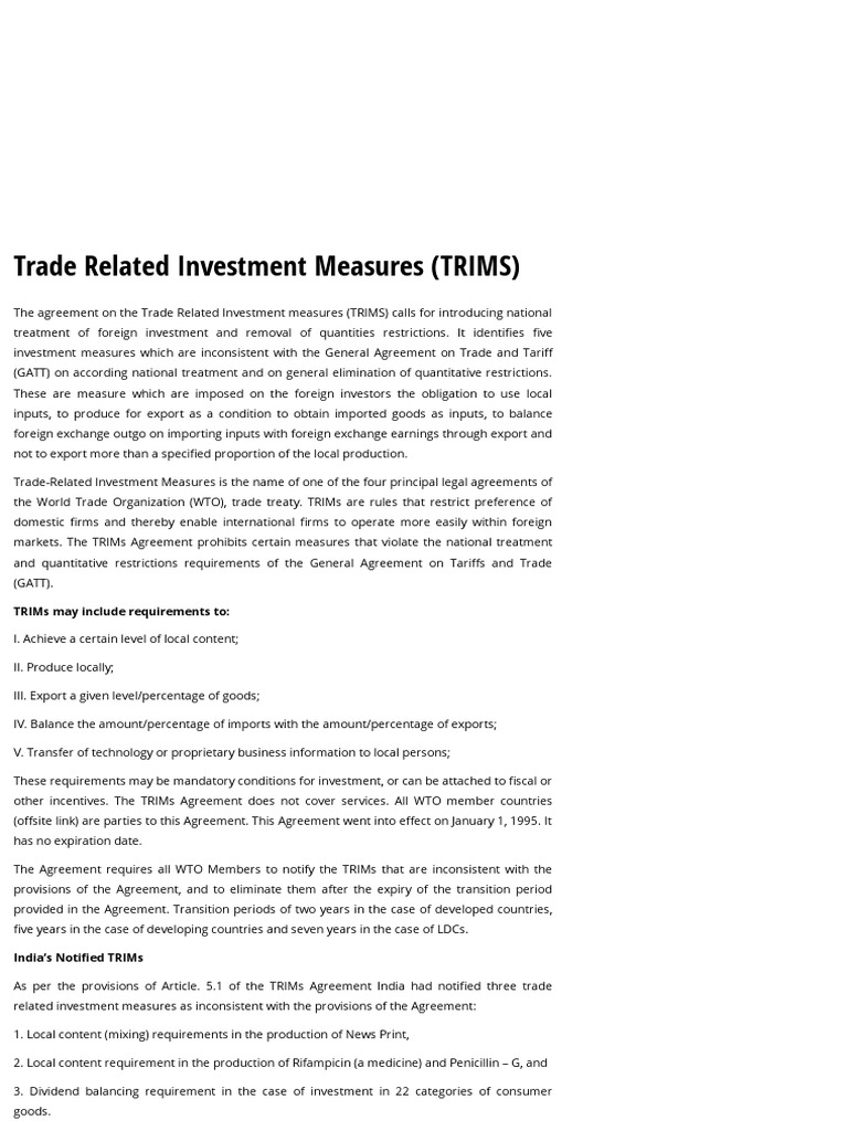 Trade Related Investment Measures (TRIMS) : Current A Airs Quiz of Ve ...