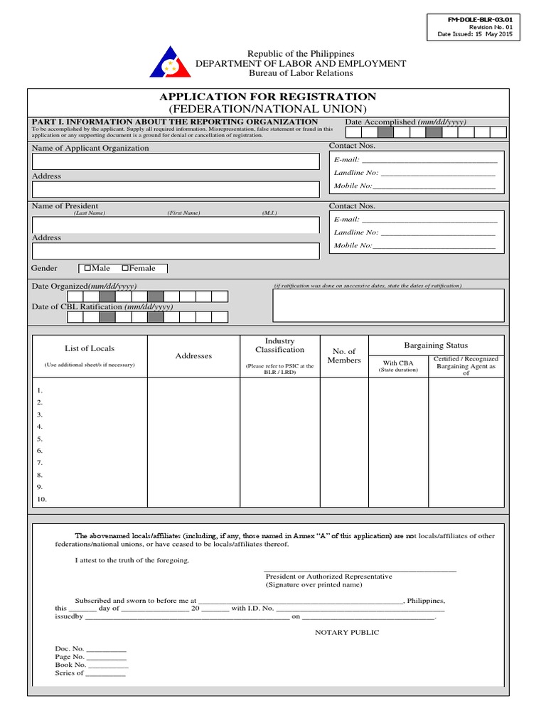 Union Registration Application Form | PDF | Ratification | Legal Documents