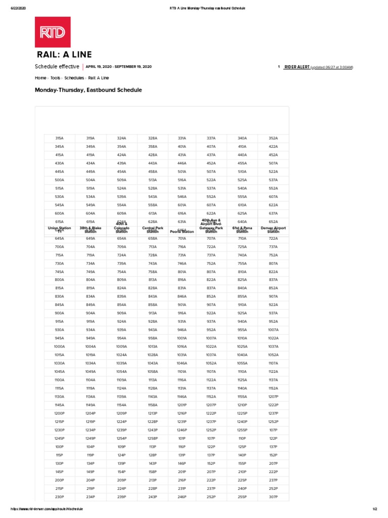 RTD A Line Monday-Thursday Eastbound Schedule | PDF | Traditions ...
