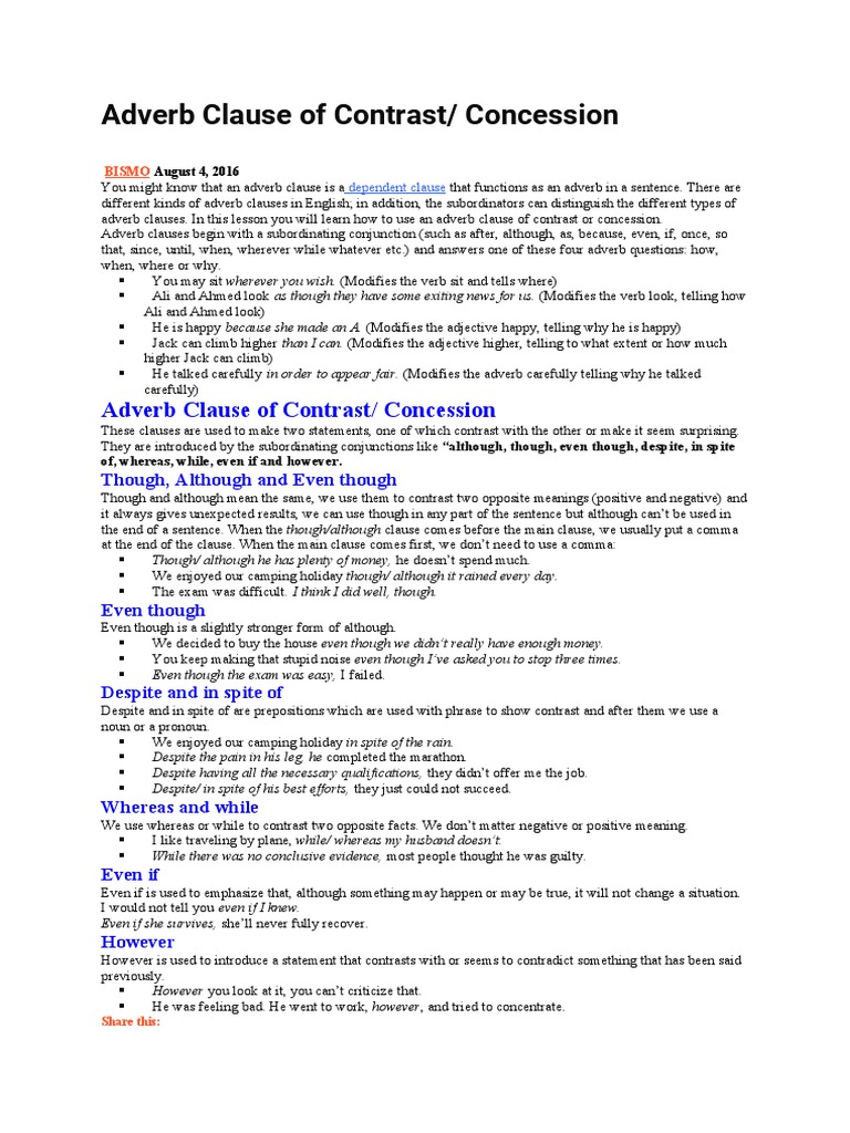 Adverb Clause of Contrast/ Concession | PDF | Adverb | Clause