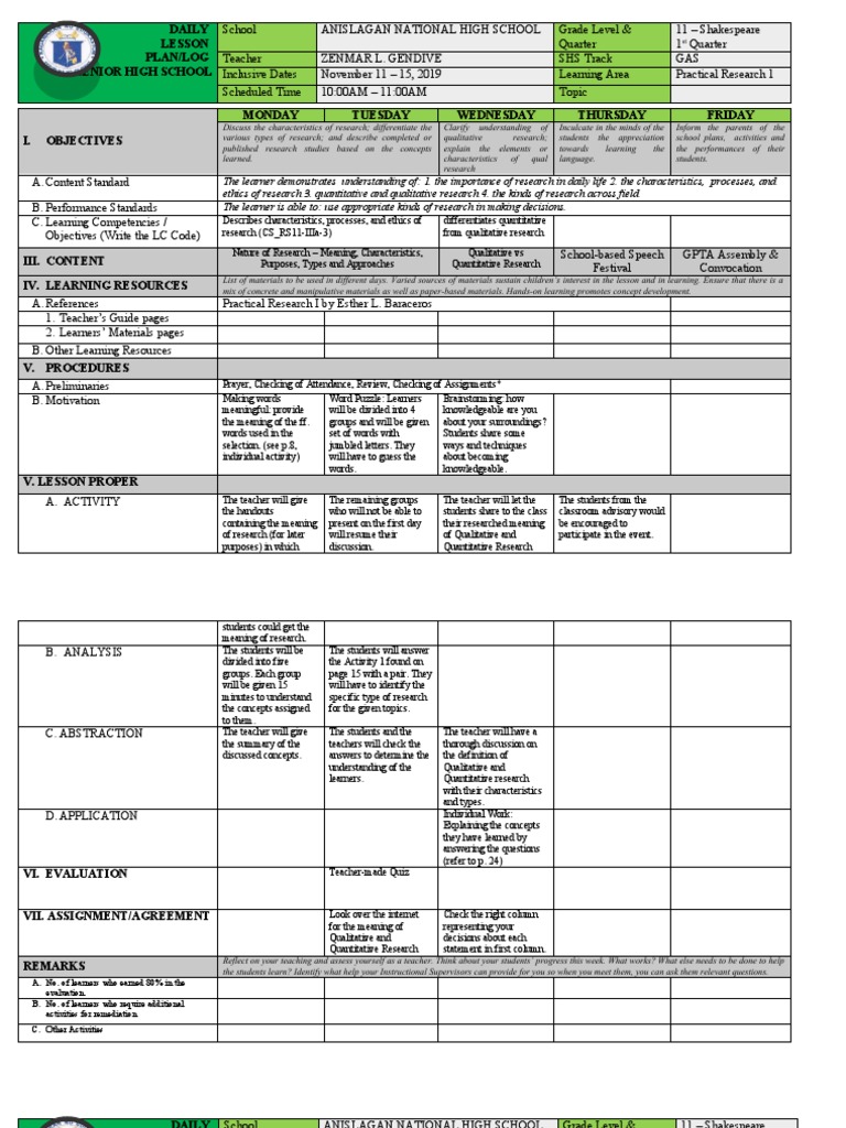 DLL NEW WEEKLY - Prac Res 1 | PDF | Teachers | Qualitative Research