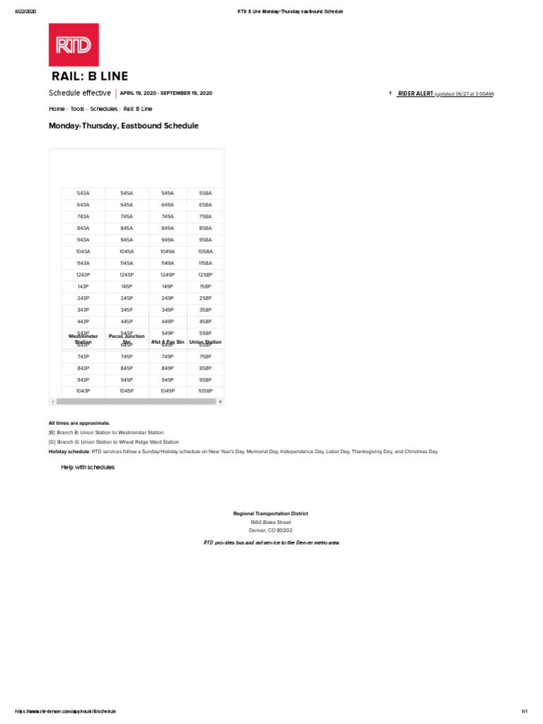 RTD B Line Monday-Thursday Eastbound Schedule | Download Free PDF ...