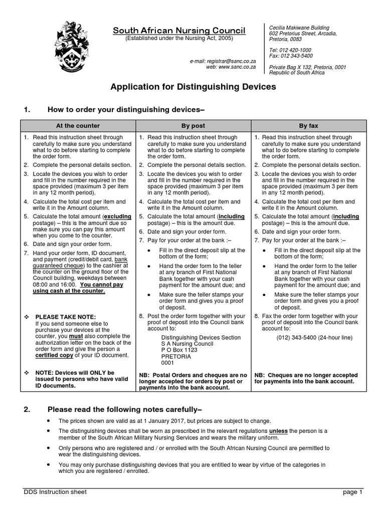 South Africa Nursing Council Device Order Guide | PDF | Cheque | Banks