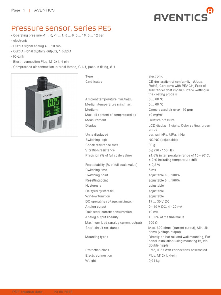 Pressure Sensor, Series PE5: Aventics | PDF | Bipolar Junction ...