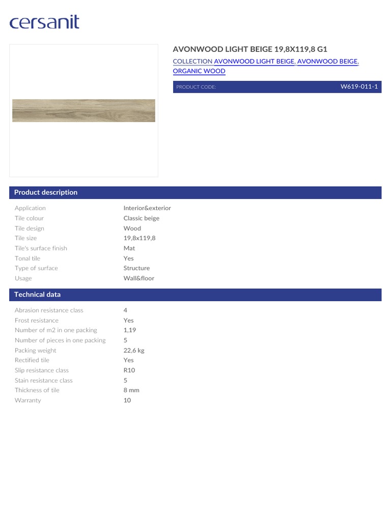 Avonwood Light Beige 19,8X119,8 G1: Product Description | PDF
