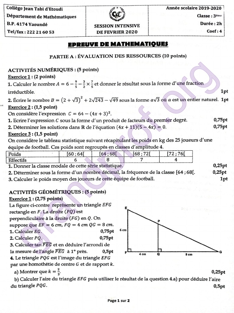 Maths 3eme BEPC Blanc College Jean Tabi Fevrier 2020 PDF | PDF