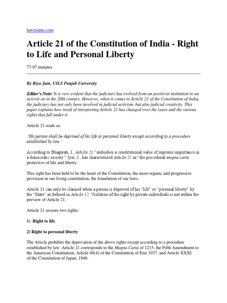 Article 21 of The Constitution of India - Right To Life and Personal ...