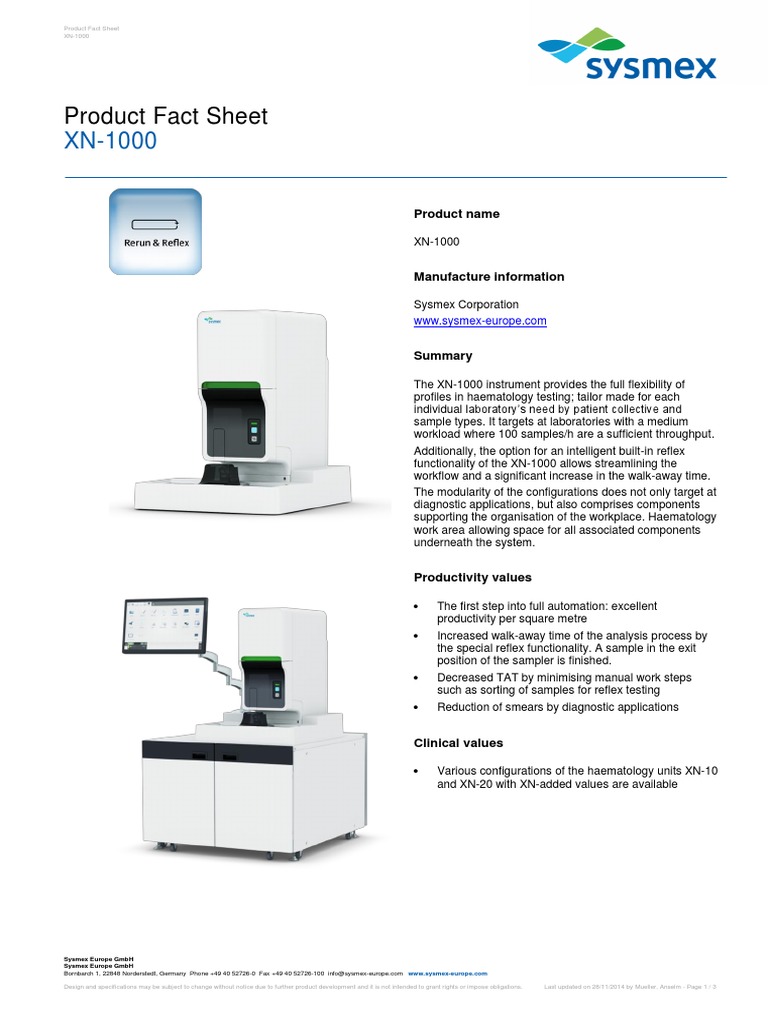 The XN-1000 Product Fact Sheet: A Comprehensive Overview of Sysmex ...