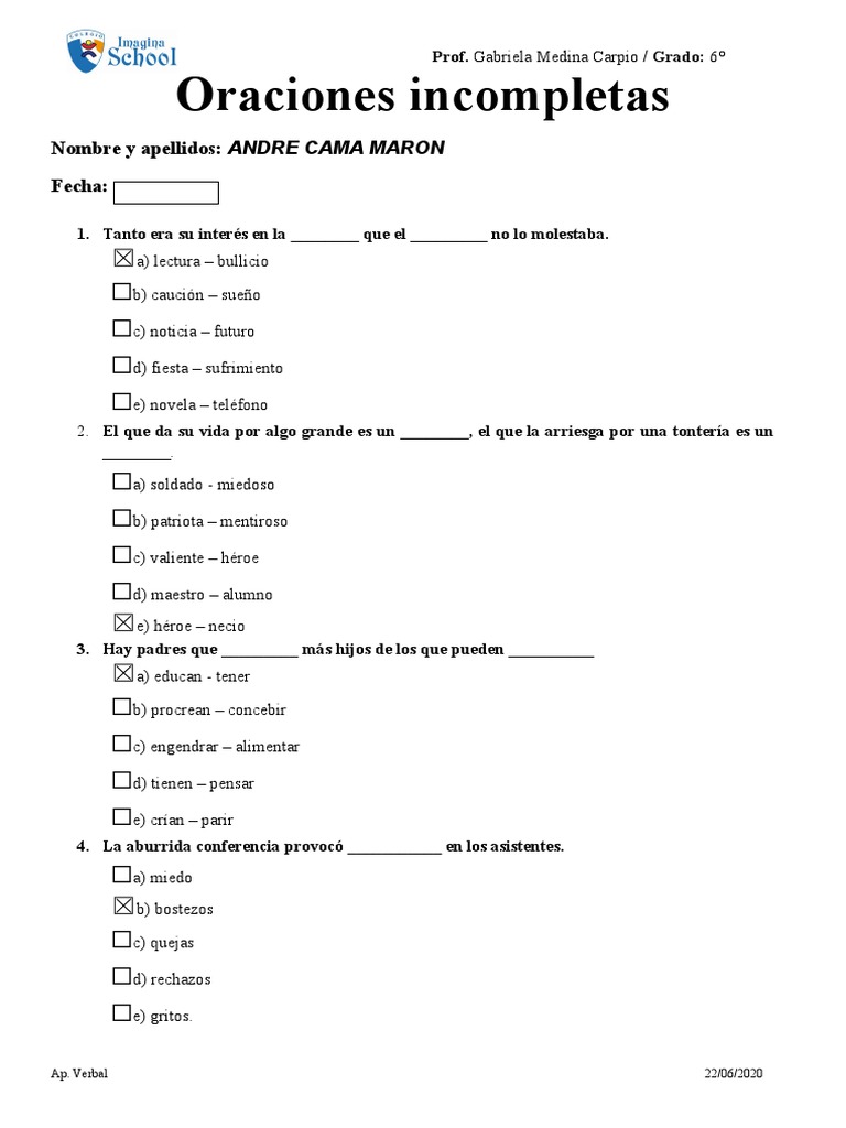 Ejercicios de oraciones incompletas 6° grado | PDF | Epistemología ...