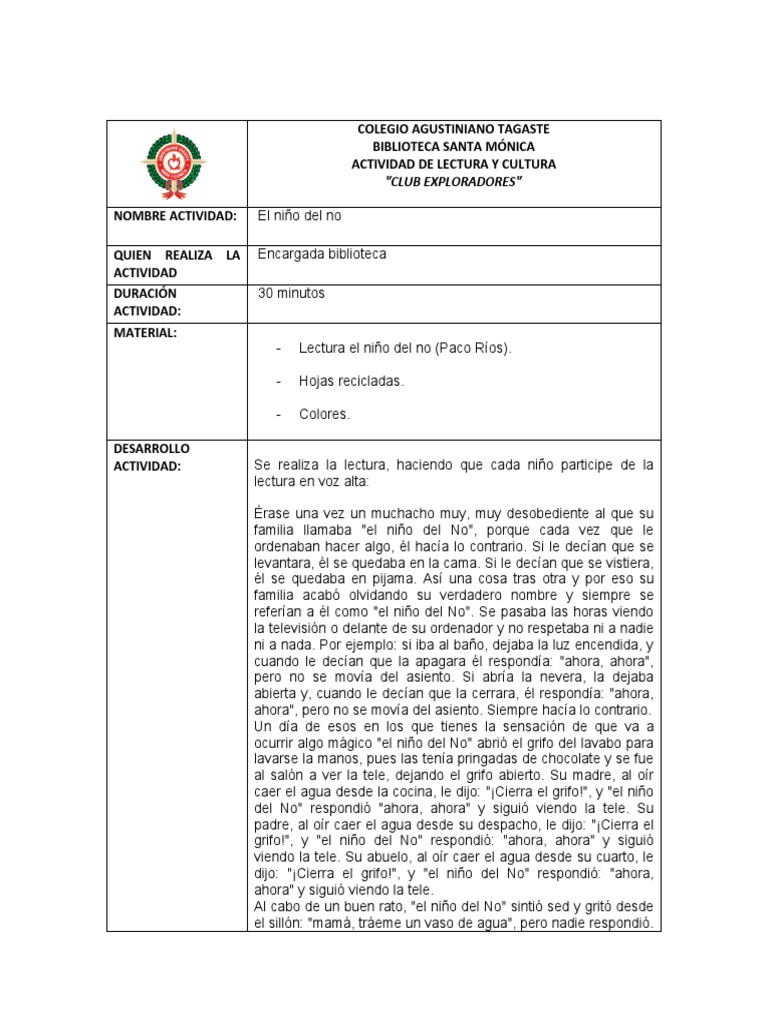 ACTIVIDAD El Niño Del No CLUB EXPLORADORES | PDF