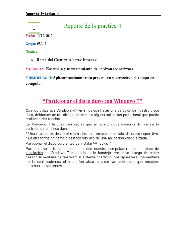 Reporte de Practica 4 Crear Particiones Con Windows 7 | PDF | Windows 7 | Microsoft Windows