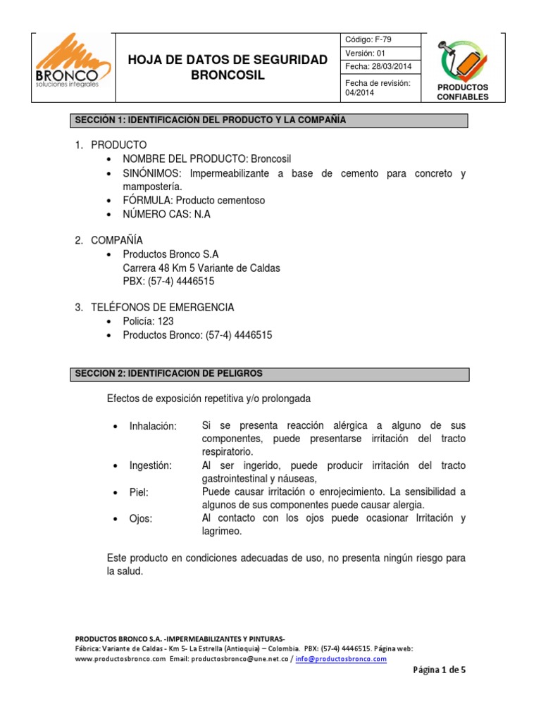 Broncosil: Hoja de Seguridad | PDF | Contaminación | Agua