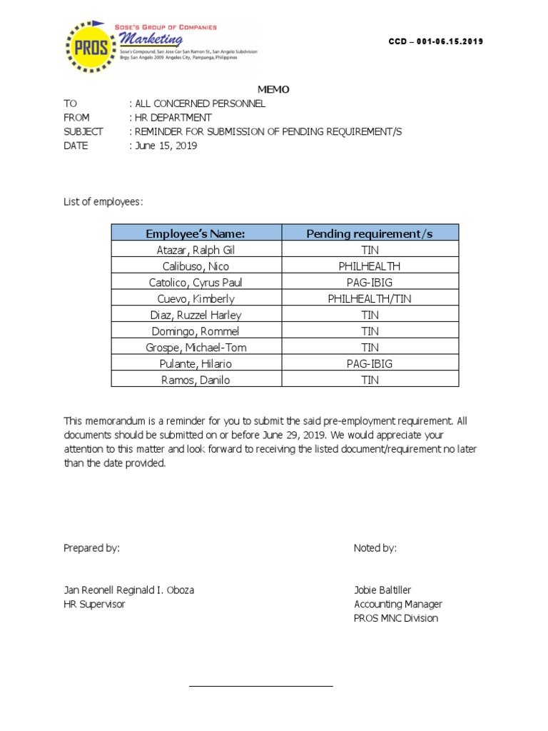 Memo For Requirements | PDF