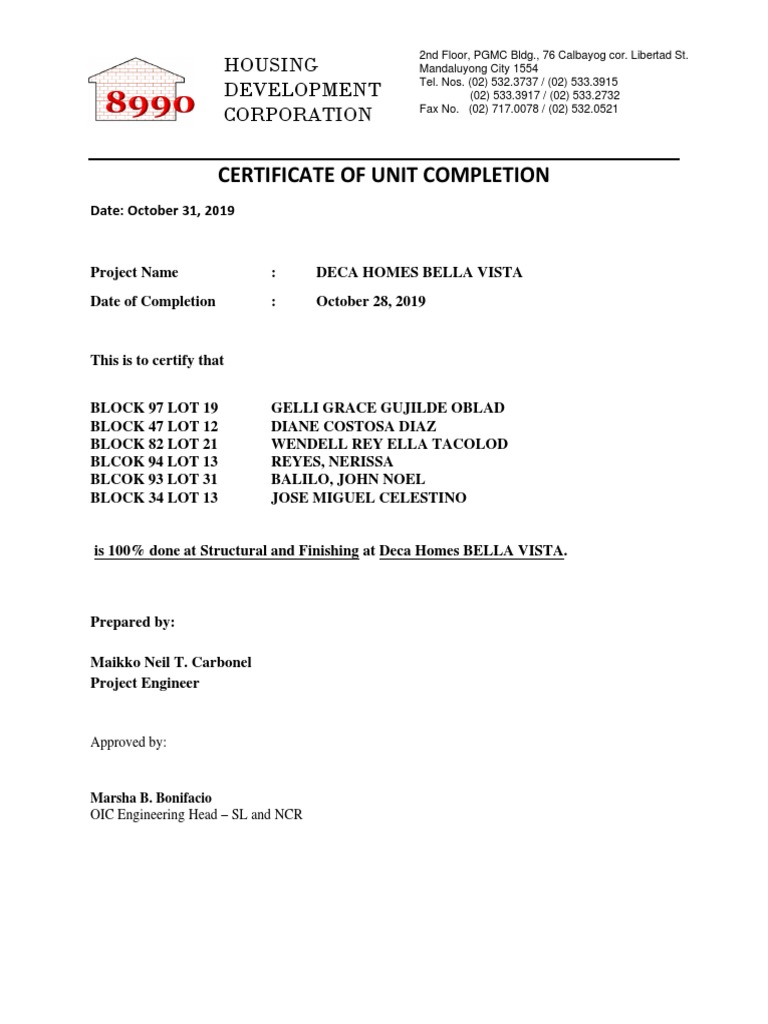 Certificate of Unit Completion | PDF