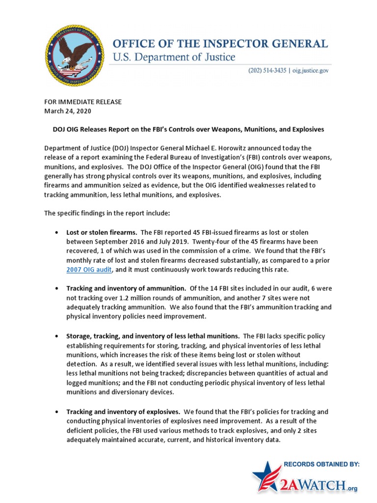 Press Release DOJ OIG Releases Report On The FBI's Controls Over ...
