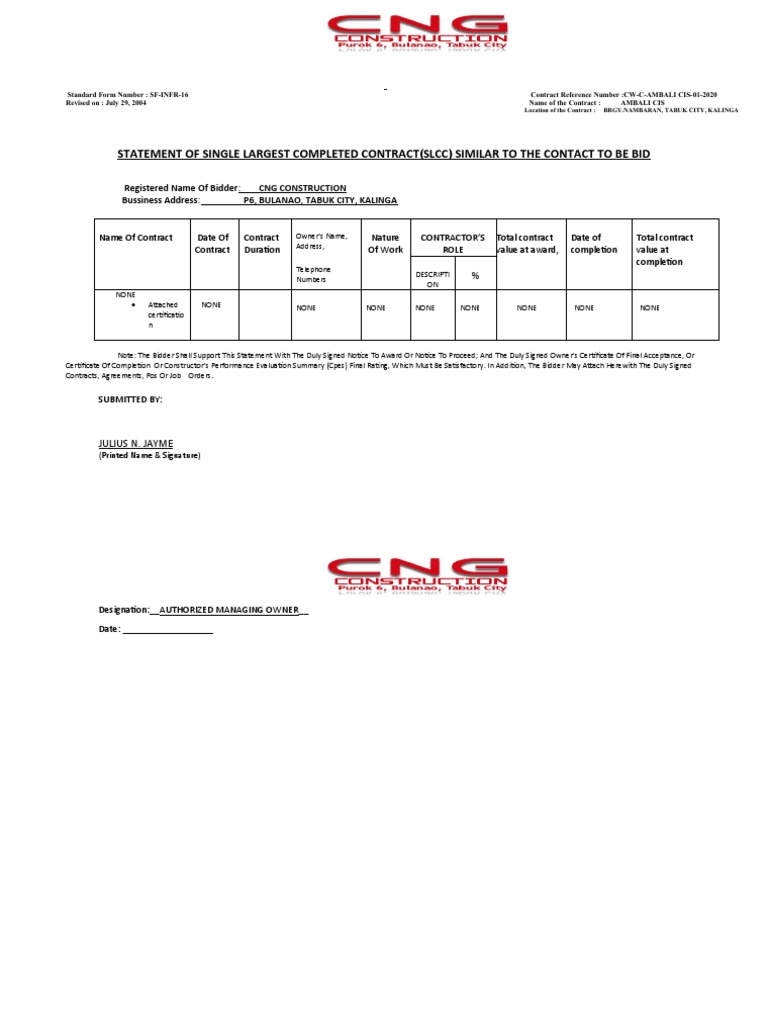 Statement of Single Largest Completed Contract Bulbul | PDF | Business ...