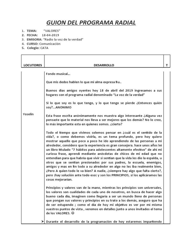 Guion Del Programa Radial | PDF | Radio | Verdad