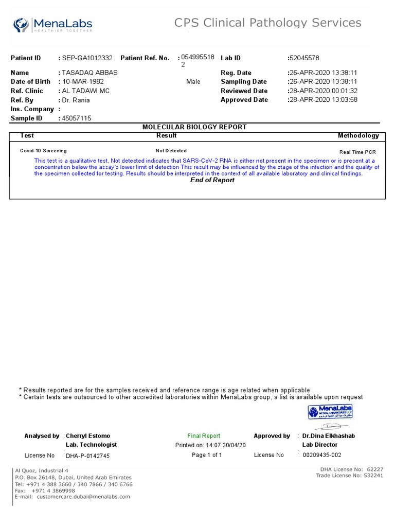 Patient ID Patient Ref. No.::: Lab ID:: Sampling Date:::28-APR-2020 13: ...