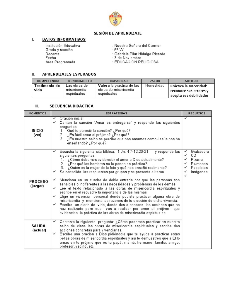 Sesion de Aprendizaje | PDF | Misericordia | Amor