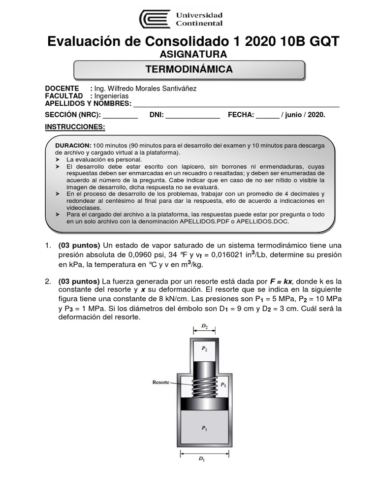 Eval Cons1 Termodinámica Práctica 2020 - 10B WMorales C - Soluc | PDF | Presión | Química Física