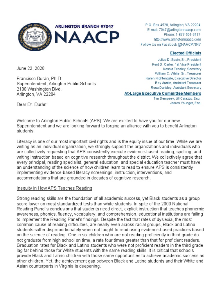 NAACP Education Committee's Structured Literacy Advocacy Letter | PDF ...