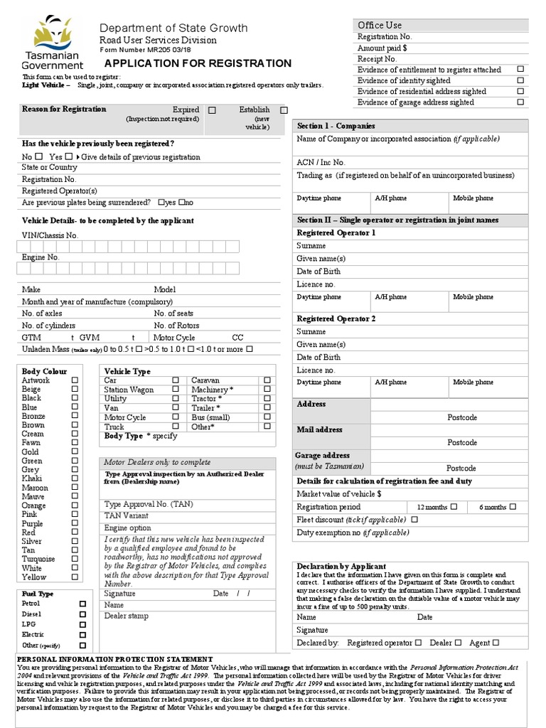 Department of State Growth: Application For Registration | PDF ...