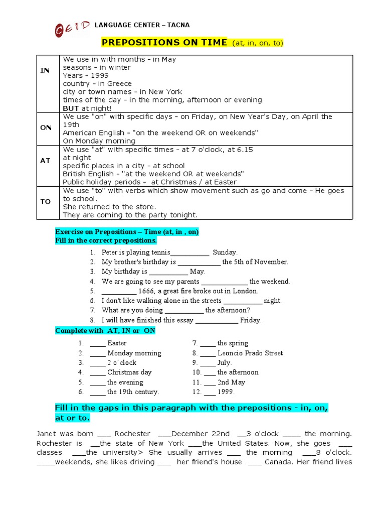 Prepositions On Time: Exercise On Prepositions - Time (At, In, On) Fill in The Correct ...