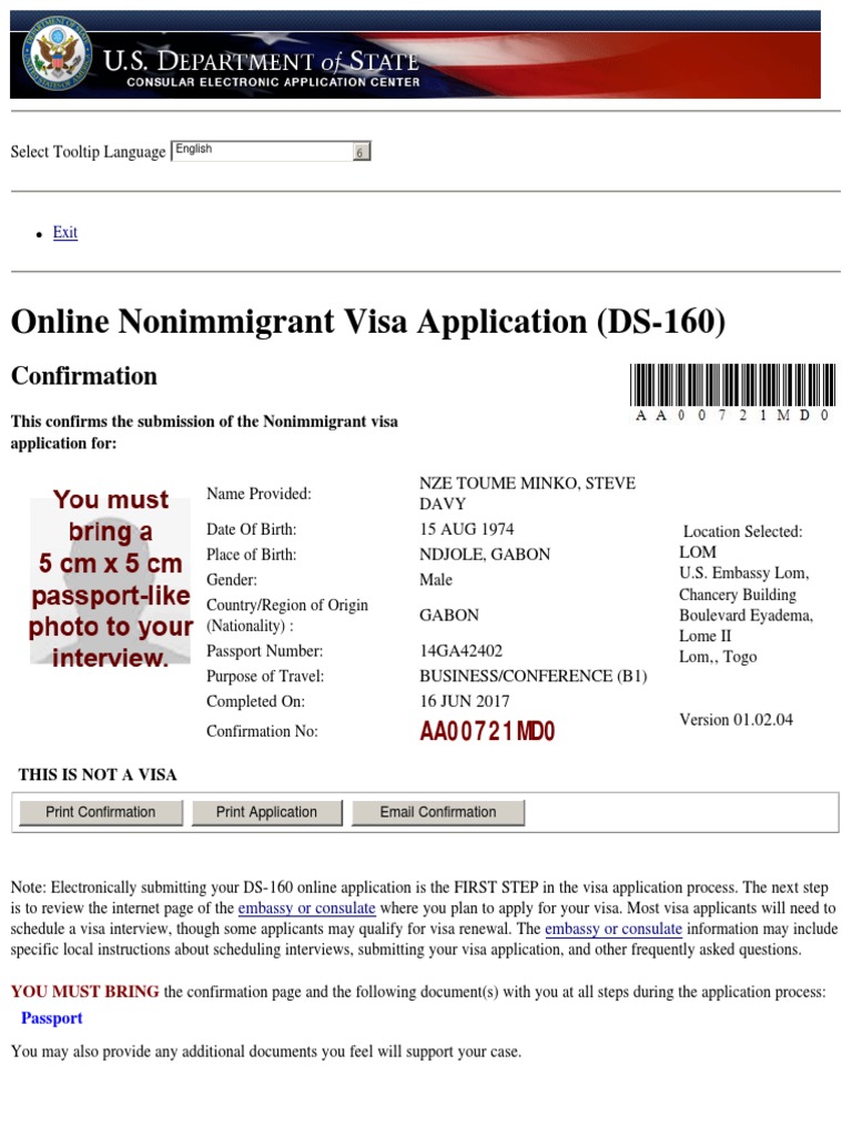 Online Nonimmigrant Visa Application (DS-160) : Confirmation | PDF ...