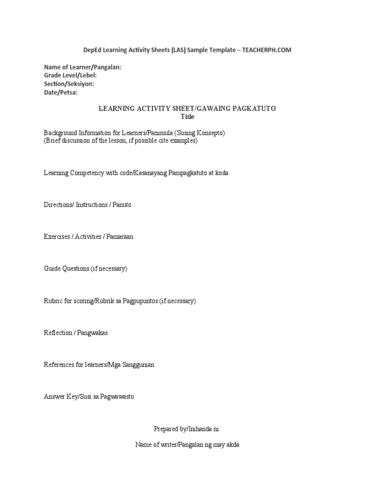 DepEd Learning Activity Sheets (LAS) Sample Template | PDF