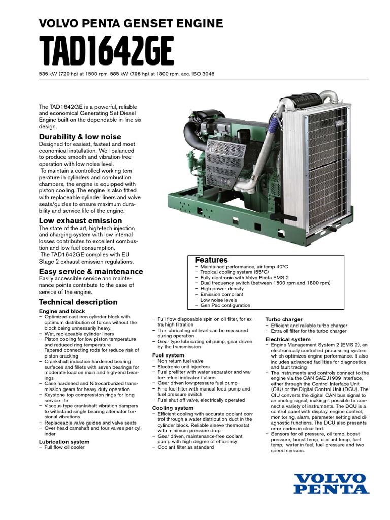 TAD1642GE: Volvo Penta Genset Engine | PDF | Turbocharger | Engines