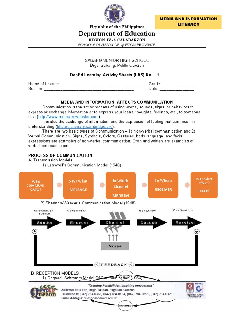 MEDIA AND INFO LIT Learning Activity Sheet #1 | PDF | Communication ...