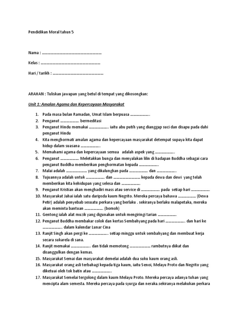 Pendidikan Moral Tahun 5 Latihan Unit 1 | PDF