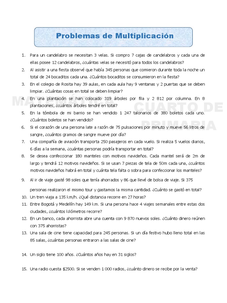 Ficha Problemas de Multiplicacion para Cuarto de Primaria | PDF ...