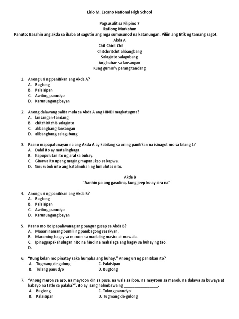 Exam Filipino 7 | PDF
