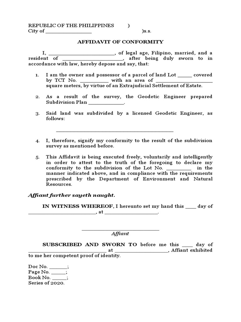 Affidavit of Conformity for Land Subdivision | PDF