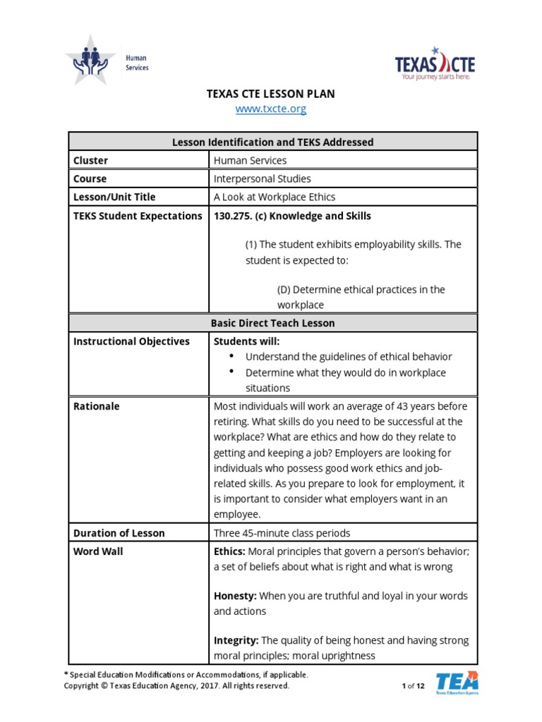 Lesson Plan A Look at Workplace Ethics - 10 - 1 | PDF | Special ...