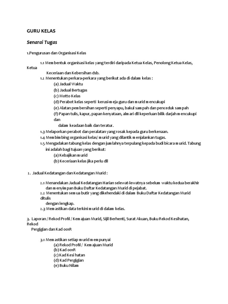 Senarai Tugas Guru Kelas | PDF