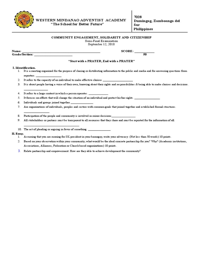 Community Engagement Exam Questions | PDF | Community | Test (Assessment)