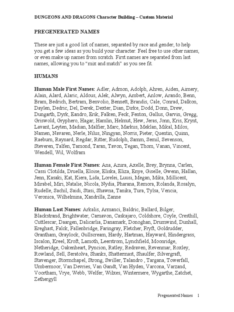 Pregenerated Names DND | PDF | Fantasy Creatures | Fictional Species ...